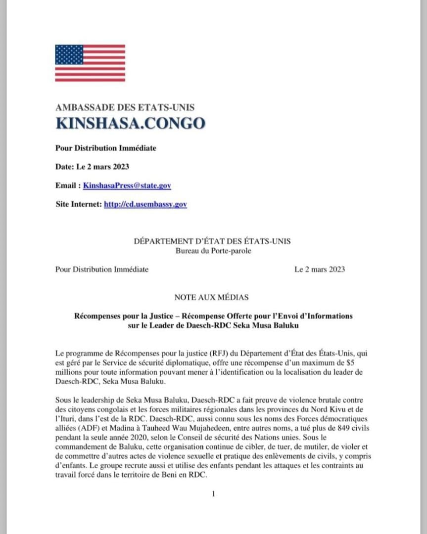 RDC : 5 millions de dollars mis en jeu par les USA pour arrêter Musa ...