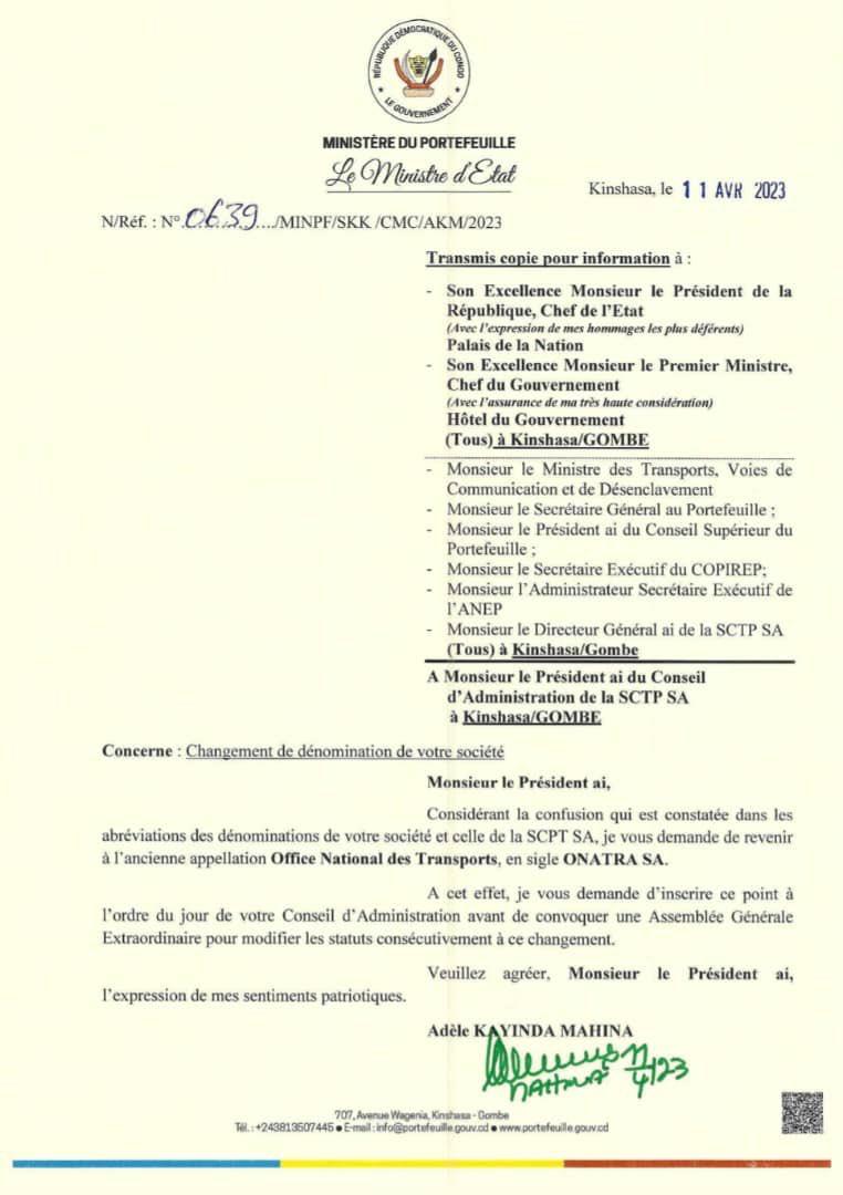 RDC : La SCTP appelée à reprendre son ancienne appellation d’ONATRA ...